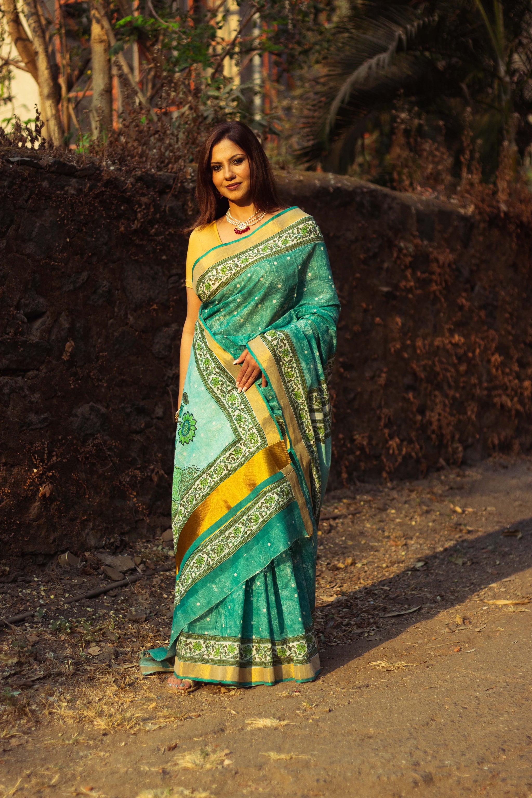 Cotton Kasavu Saree,Tree of Life Design • Sea Green – rusticblends