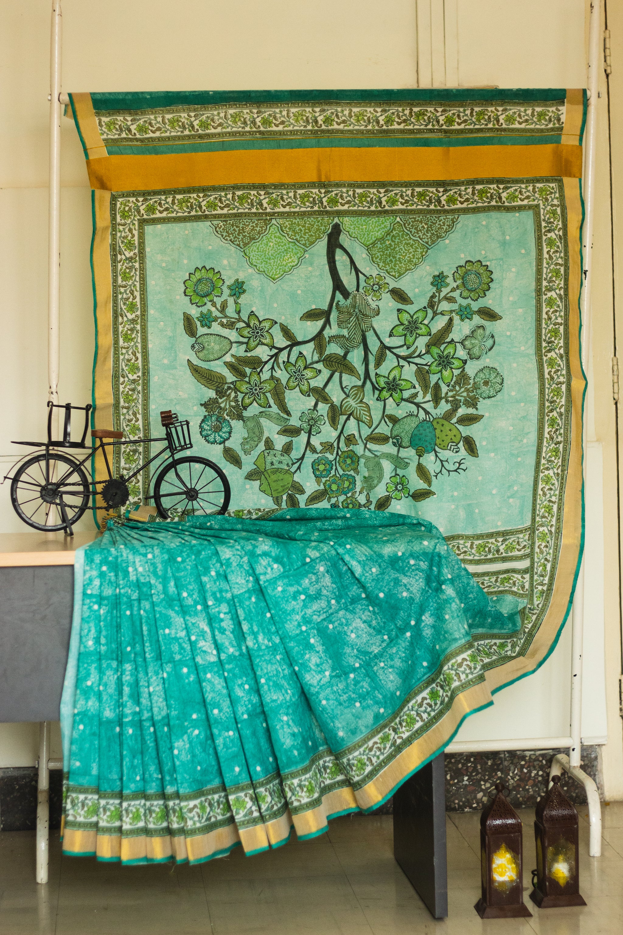 Cotton Kasavu Saree,Tree of Life Design • Sea Green – rusticblends