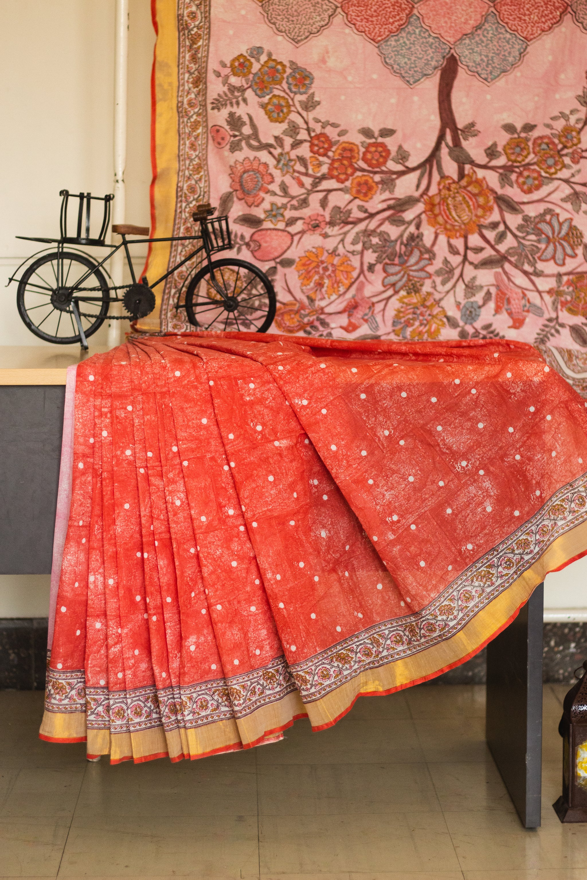 Cotton Kasavu Saree,Tree of Life Design • Coral – rusticblends
