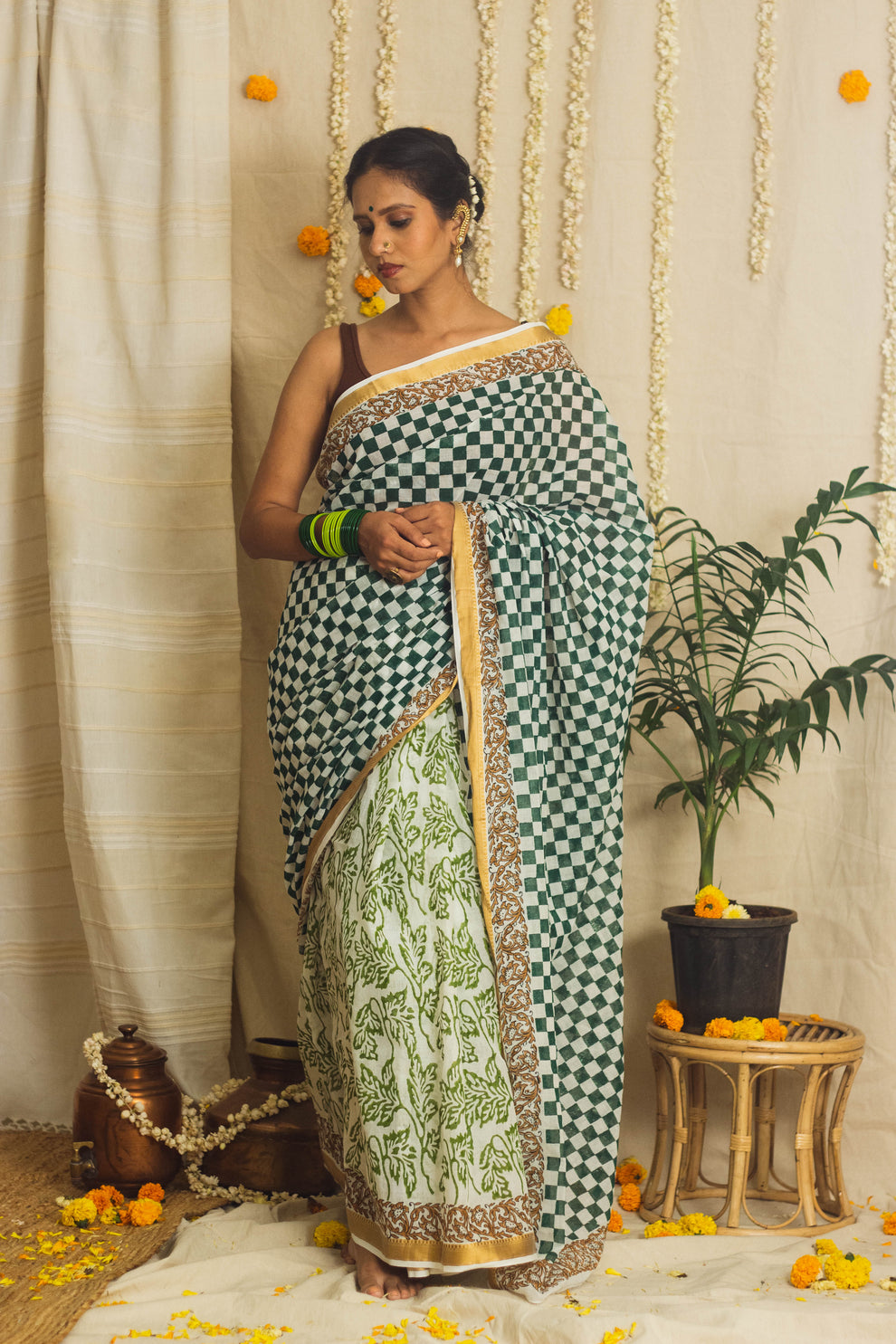 Mul Cotton Block Printed Saree • Chess board – rusticblends